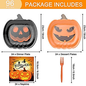 96 Pcs Halloween Pumpkin Paper Plates and Napkins Forks, Disposable Party Dessert Tableware Supplies Decorations Birthday Table Dinnerware Favors Set, Serves 24