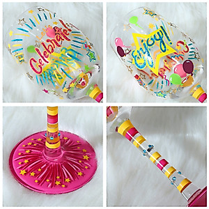 NymphFable Hand Painted Birthday Wine Glass Let‘s Celebrate Birthday Party Decorative Wine Glasses Birthday Gift for Women, 15oz