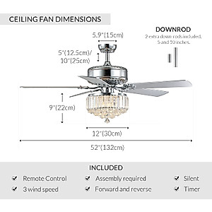 NOXARTE 52 inch Crystal Ceiling Fan with Lights, Modern Chrome Chandelier Ceiling Fan, Quiet Motor, 5 Reverse Wood Blades Crystal Fandelier Ceiling Fan Light Kit for Bedroom Living Dining Room