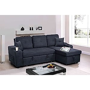 Cotoala L-Shape Sectional Sofa with Pull-Out Bed and Storage Space, Right Convertible Sleeper Couch w/Chaise Longue, 2 Cup Holders & Side Pockets, for Living Room, Apartment, 92", Dark Gray