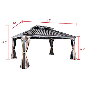 Patio Tree 12' x 16' Patio Hardtop Gazebo Outdoor Non-Rust Aluminum Permanent Pergola Shelter Tent with Galvanized Steel Canopy Roof, Mosquito Netting and Privacy Curtain