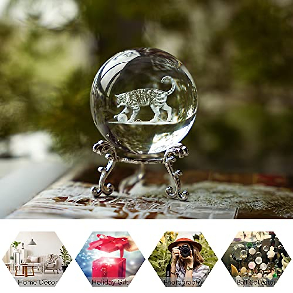 HDCRYSTALGIFTS 3D Crystal Ball with Silver-Plated Flowering Stand 2.4inch Laser Engraved Crystal Decorative Ball Glass Sphere for Home Decor Gift (Cat and String)