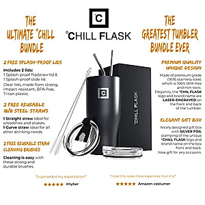 °CHILL FLASK Tumbler - 20 OZ, Vacuum Insulated, Double Walled, Stainless Steel, Hot Cold, Thermo Coffee, Tea, Water Travel Mug Container - Comes with 2 Multifunction Lids