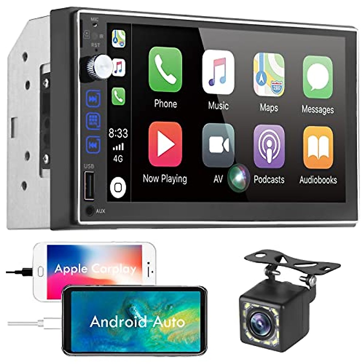 Double Din Car Stereo with Apple CarPlay & Android Auto - 7" Touchscreen Car Radio with Backup Camera and Mirror Link - Bluetooth Audio (Wired carplay)