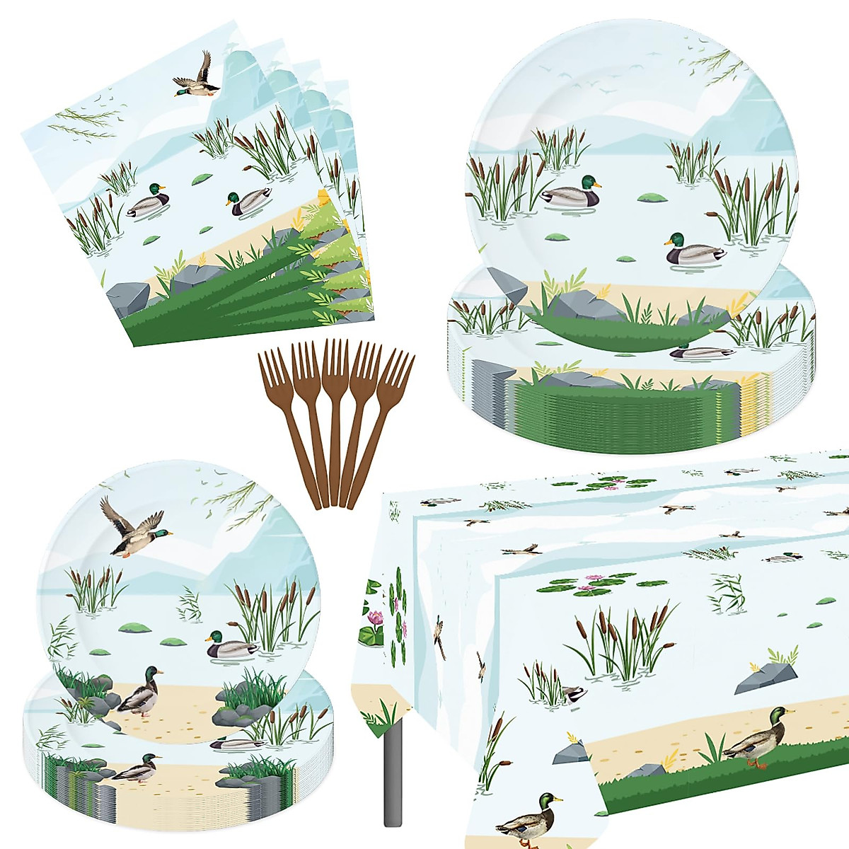 101 Pcs Mallard Duck Party Decorations Tablecloth Tableware Set, Mallard Duck Theme 1st Birthday Party Decor, One Lucky Duck Party Supplies, Duck Hunting Party Plates Napkins for Baby Shower, Serve 25