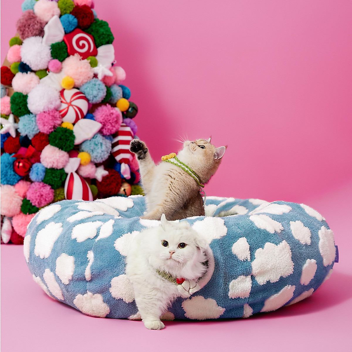 Lesure Cat Tunnel Bed for Indoor Cats - Cute Cat Donut Tunnel with Washable Circle Cushion, Round Pet Play Tunnel Toy for Kitten/Puppy/Rabbit,Blue