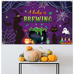 PTFNY Halloween A Baby is Brewing Backdrop Banner Halloween Baby Shower Decorations for Baby Shower Costume Birthday Party Supplies Decorations Banner Photo Booth Props Gender Reveal Party Supplies