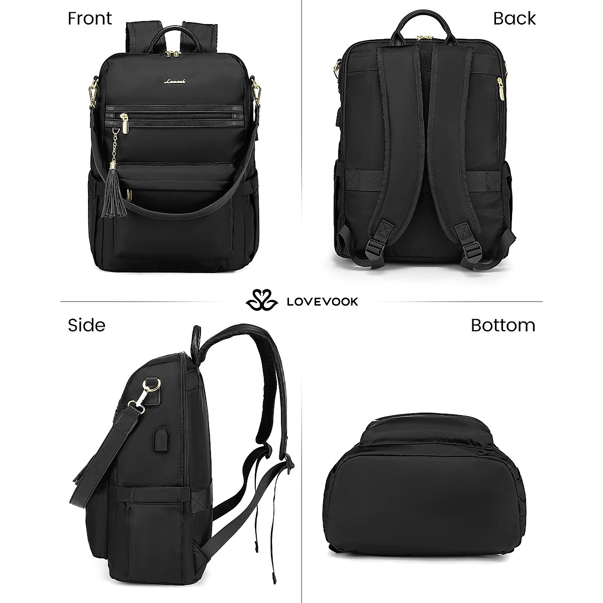 LOVEVOOK Laptop Backpack Women,15.6 Inch Convertible Backpack Purse for Women with USB Port,Fashion Teacher Nurse Bag Work Backpack with Cute Wristlet Bag for Travel Commute,Black