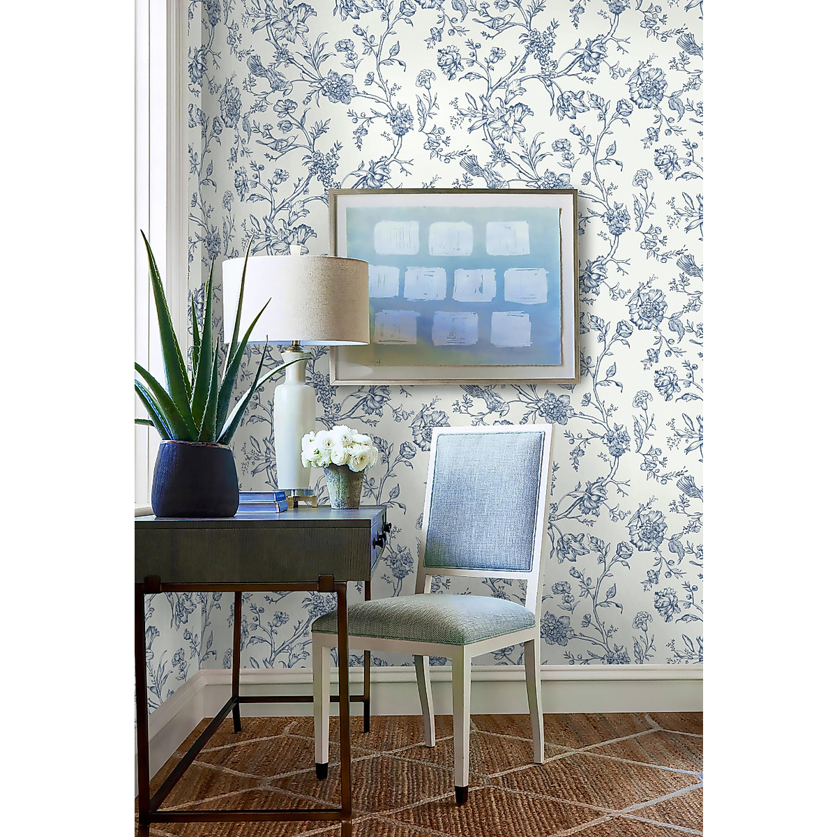 Safiyya Peel and Stick Wallpaper Floral Birds Contact Paper Blue White Wallpaper Peel and Stick Removable Wallpaper Boho Wallpaper Flower Contact Paper for Walls Vinyl Rolls 118"x17.3"