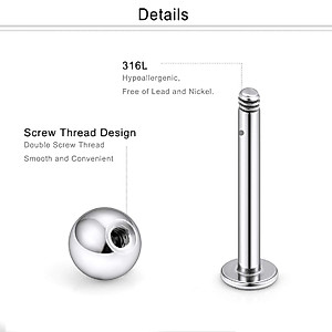 Dyknasz 15PCS 14G Surgical Steel Labret Monroe Lip Ring Studs Cartilage Tragus Helix Conch Earring Stud Barbell Piercing Jewelry for Women 8mm Silvertone