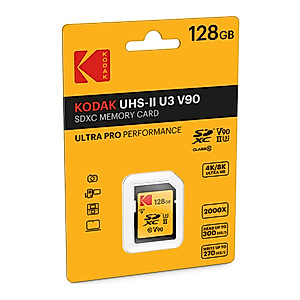 Kodak 128GB UHS-II U3 V90 Ultra Pro SDXC Memory Card - Up to 3000MB/s Read Speed and 270MB/s Write Speed