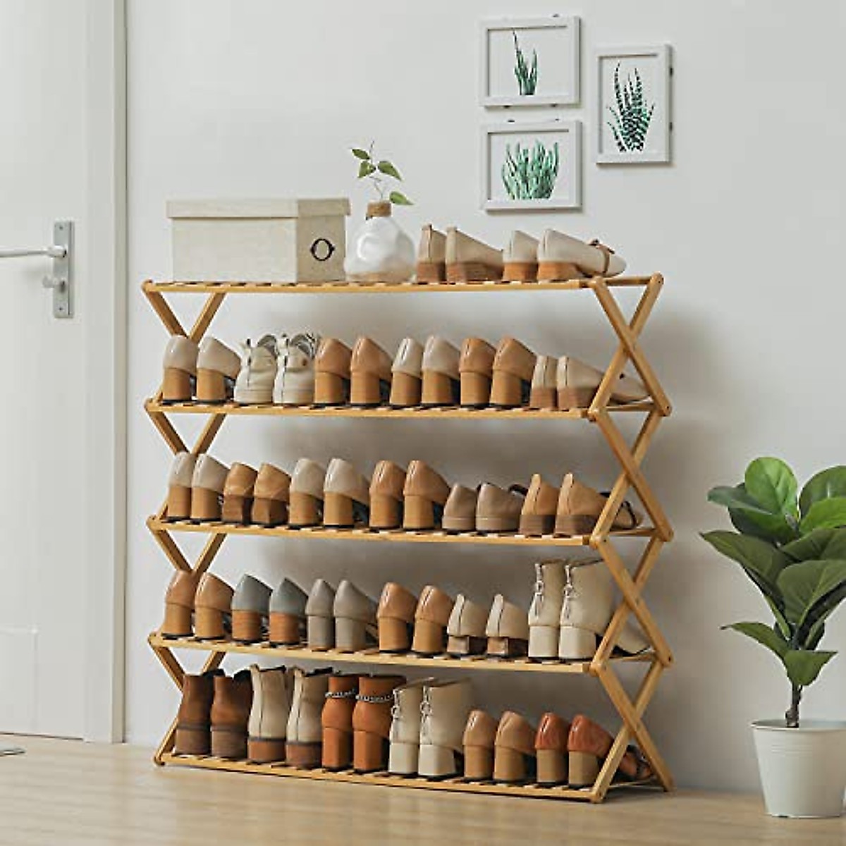MoNiBloom Bamboo 5-Tier Wide Shoe Organizer Shelf, Stackable Shoes Shelf Storage Organize Installation-Free for Entryway, Hallway, Bedroom, Natural