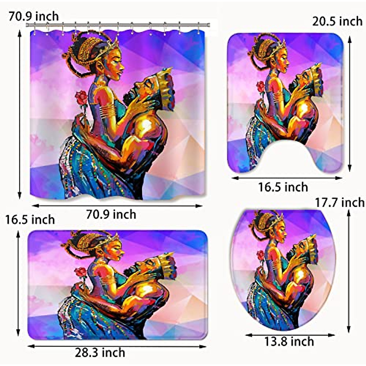 African American Woman Shower Curtains for Bathroom, 4PCS Bathroom Sets Include 1 Fabric Shower Curtain, 2 Non-Slip Bathroom Rugs and 1 Toilet Lid Cover, Black Girl Bathroom Decor