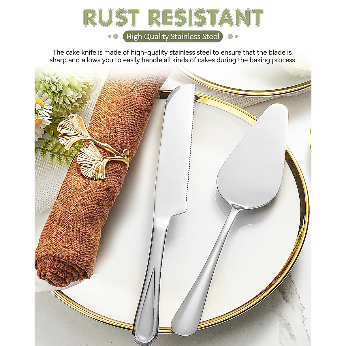 FTAKRY 2-Piece Premium Cake Cutting Set, Exquisite Knife and Server with Serrated Design, Includes Cake Knife and Pie Spatula for Pastry, Pizza and Desserts (Silver)