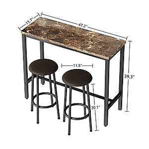 AWQM 3 Piece Dining Table Set Bar Table and Chairs Set for 2 Faux Marble Kitchen Counter Height Dining Table Set with 2 Padded Stools 3-Piece Modern Pub Table Set, Marble Brown, 47.2"