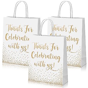 Chinco 30 Pcs Wedding Welcome Gift Bags Hotel Guests Thanks for Celebrating with Us Gold Paper Gift Bag Medium Size Foil with Handle for Bridal Shower Party Favor(White, 10 x 8 x 3 Inch)