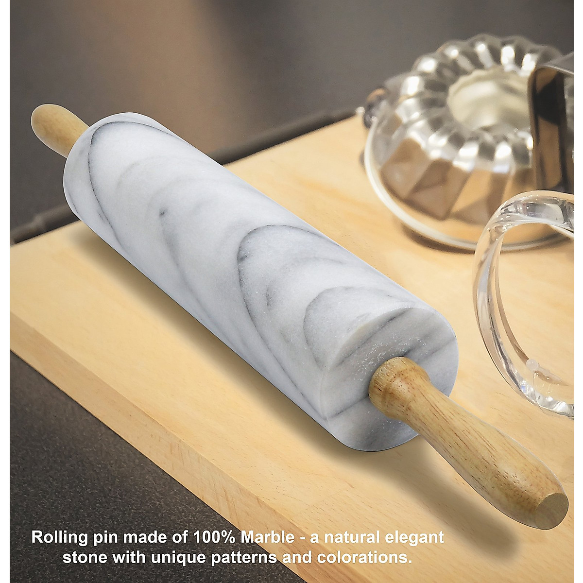 Greenco Hand Crafted Nonstick Marble Rolling Pin with Wood Handles on Wooden Board Resting Base | Dough, Pastry, Bread, Tortilla, and Pizza Roller Pins | Baking and Kitchen Supplies