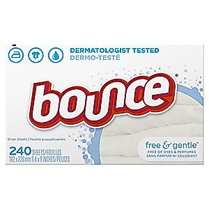 Bounce Free & Gentle Dryer Sheets, 240 Sheets, Unscented Fabric Softener Sheets, Hypoallergenic and Dermatologist Tested