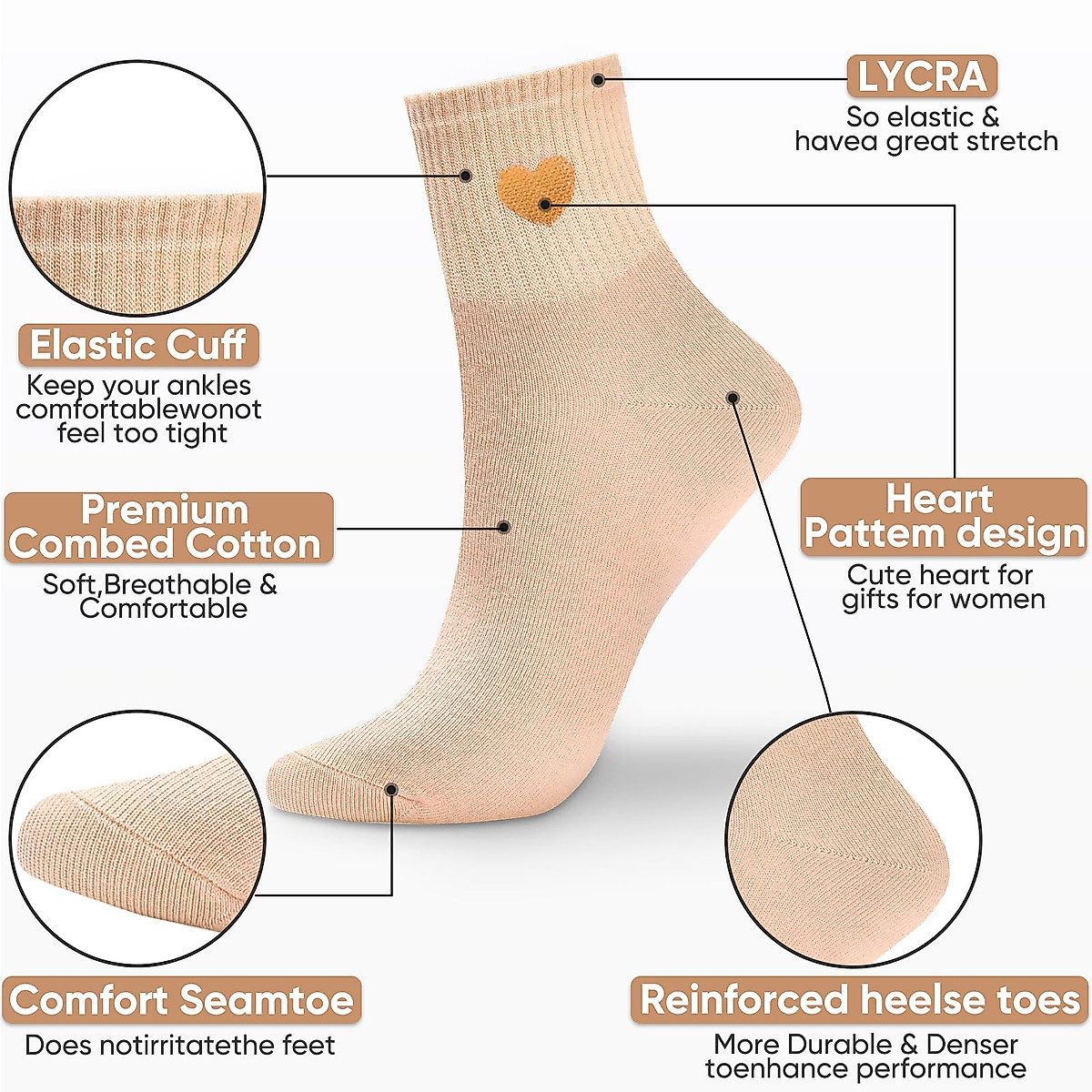 Corlap Women's Cotton Crew Athletic Running Socks - Ankle High, Fun Cute Novelty Heart Design (5-Pairs Gift Box)
