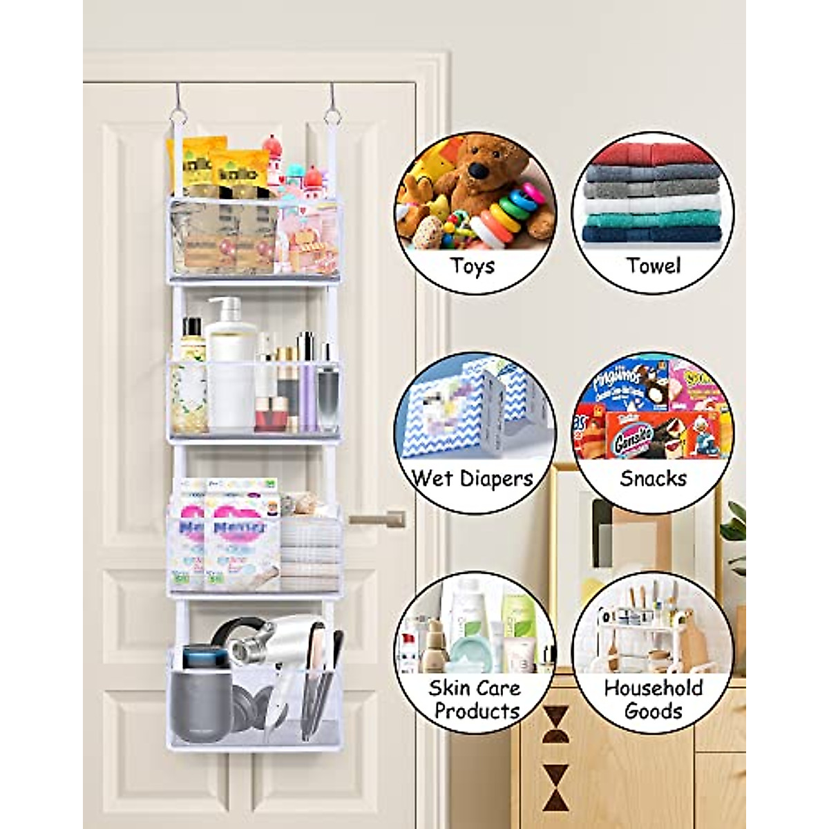 ULG Over Door Organizer with 4 Large Ultra Sturdy & Large Pockets Organizer, 22 lbs Capacity Hanging Storage Organizer with Clear Window for Bedroom Nursery, Baby Kids Toys, Shoes, Diapers, White