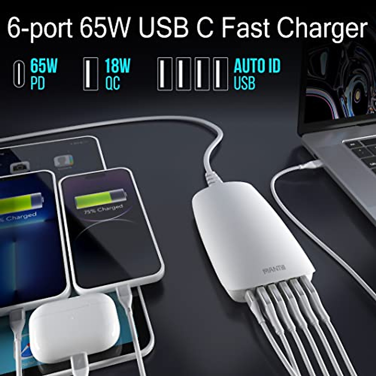 USB Charging Station, MANTO 65W PD3.0 & QC3.0 USB C Charger, 6-Port Desktop Charger with 1 USB C and 5 USB A Ports Compatible with MacBook Pro/Air, Laptops, iPad, iPhone, Galaxy and More