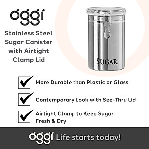 Oggi Stainless Steel Sugar Canister 62 fl oz - Airtight Clamp Lid, Clear See-Thru Top - Ideal Sugar Container for Countertop, Sugar Jar, Bulk Sugar Storage. Large Size 5" x 7.5".