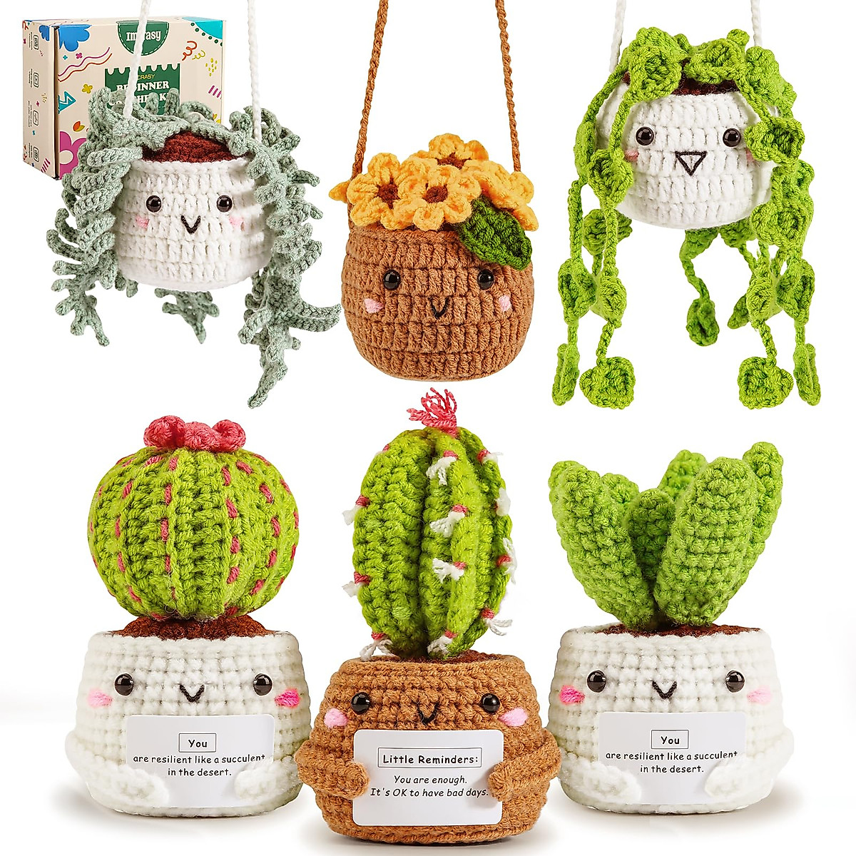 Imcrasy Crochet Kit | Crochet Kit for Beginners | Beginner Crochet Kit with Step by Step Video Lessons | 6 PC Potted Plants and Succulent Family Crochet Kit with Crochet Accessories(40%+ Yarn)