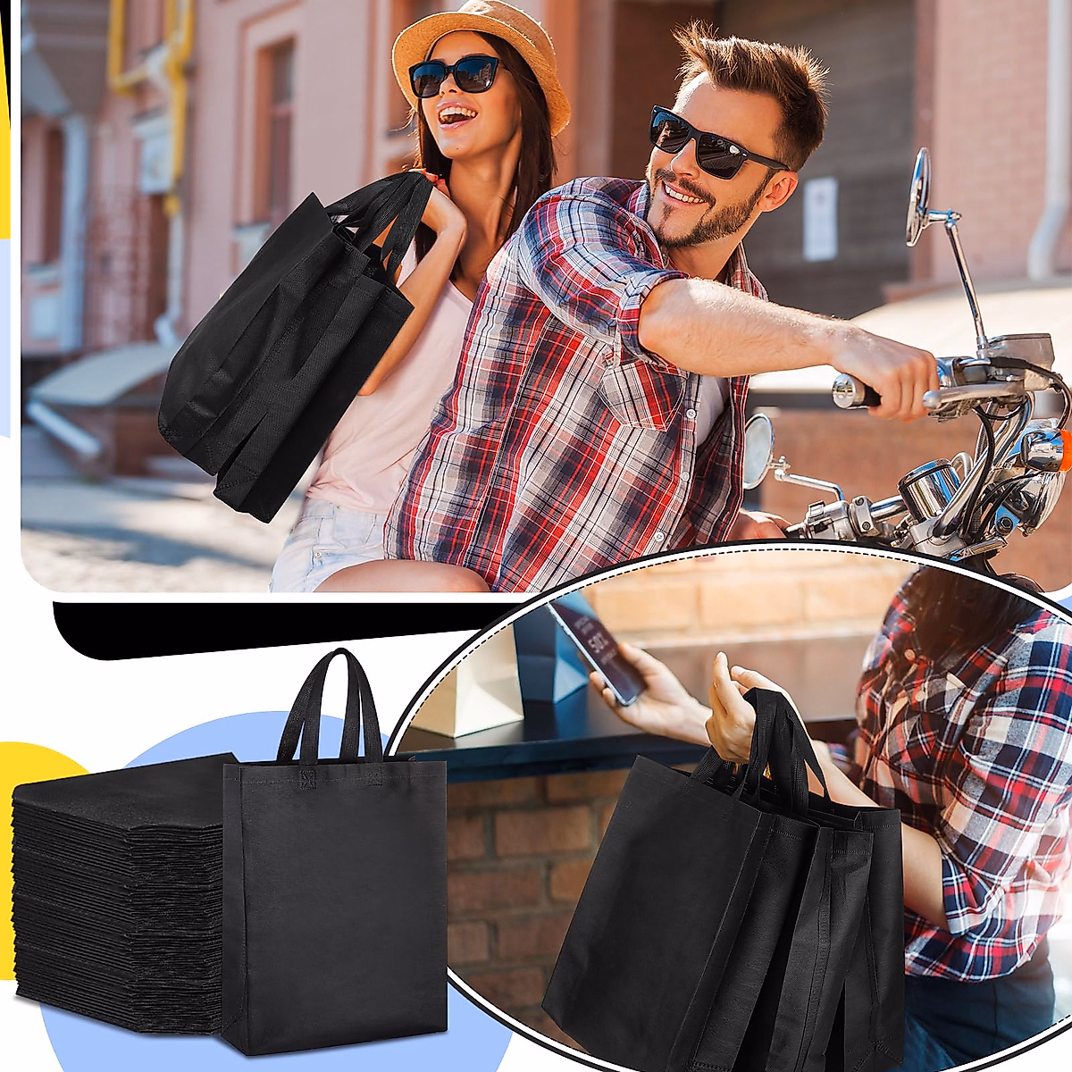 Silkfly 120 Pcs Non Woven Tote Bags Bulk 11.8 x 4 x 15 Inch Large Reusable Gift Bag Fabric Grocery Bags with Handles(Black)