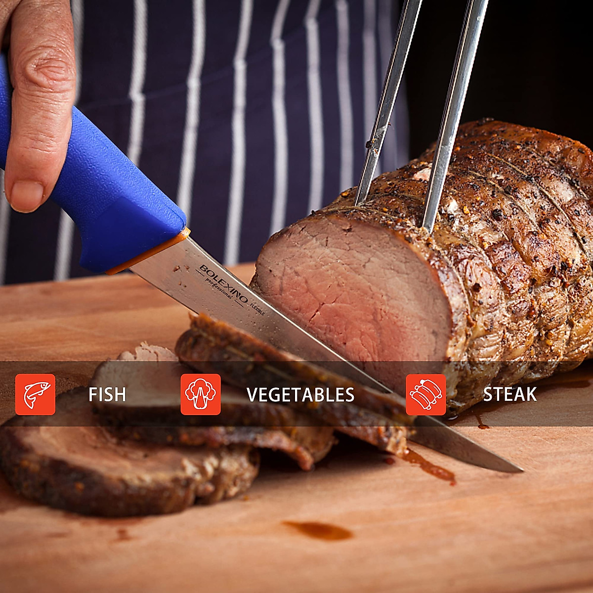 BOLEXINO 6 Inch Boning Knife, Flexible Curved Blade Processing Knife, Super Sharp Fillet Knife, German Stainless Steel Chef Knife W/Non-slip Softgrip for Kitchen Home Restaurant (Blue)