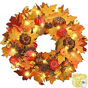 Fall Decor Fall Wreath for Front Door, 20 Inch Autumn Front Door Wreaths with String Light, Fall Decor Wreath with Hooks for Front Door, Thanksgiving Fall Wreath for Outdoor Indoor Decoration