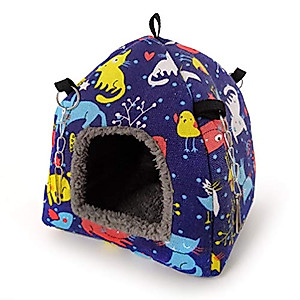 Bird Plush Hammock Parrot Hanging Snuggle Cave Happy Hut Tent for Parakeet Cockatiel Conure Lovebird Budgie Hamster Gerbil Rat Chinchilla Squirrel Cage (S, Blue Cat)