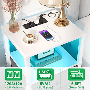 Cyclysio Nightstands Set of 2 with Charging Station, Night Stand with LED Lights, 25.6'' End Table Bedside Tables with 2 Drawers, 3 Tier Tall Night Stand with Storage for Bedroom Living Room, White