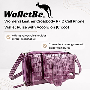 WalletBe Women's Wallet RFID Cell Phone Purse Leather Crossbody with Accordion Croco Purple
