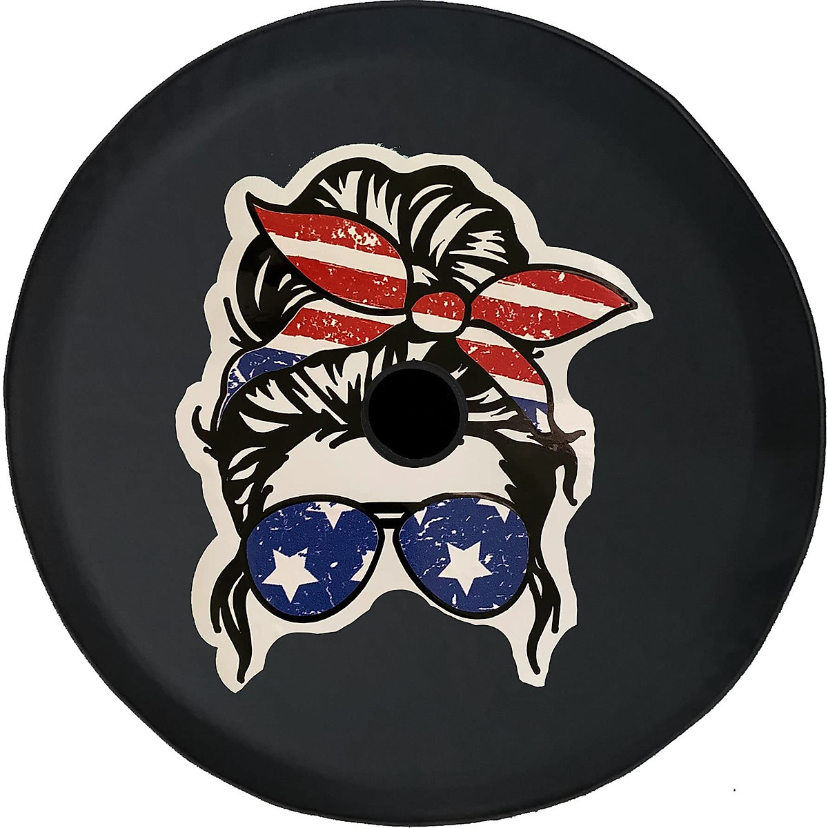 RCH American Flag Messy Bun Girl JL Spare Tire Cover with Backup Camera Black Size 33 Inch