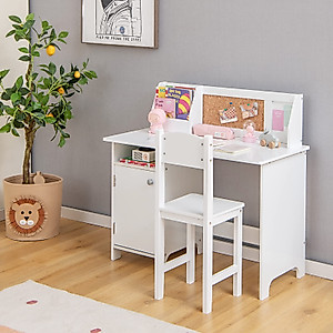 Costzon Kids Desk and Chair Set, Wooden Children Study Table with Storage, Hutch, Cork Bulletin Board, Whiteboard & Marker, Student Computer Workstation Writing Desk for Kids Bedroom, School, White