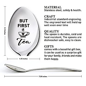 Tea Spoon Gifts for Tea Lover, But First Tea, Birthday Thanksgiving Christmas Gifts for Tea Lover Mom Dad Grandma Grandpa, Engraved Stainless Steel Tea Spoon Gifts for Women Men Friends