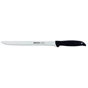 ARCOS Slicing Knife / Ham Knife 10 Inch Nitrum Stainless Steel and 240 mm blade. Ergonomic Polyoxymethylene POM Handle. Series Menorca. Handle made of lightbluish polypropylene. Color Black.