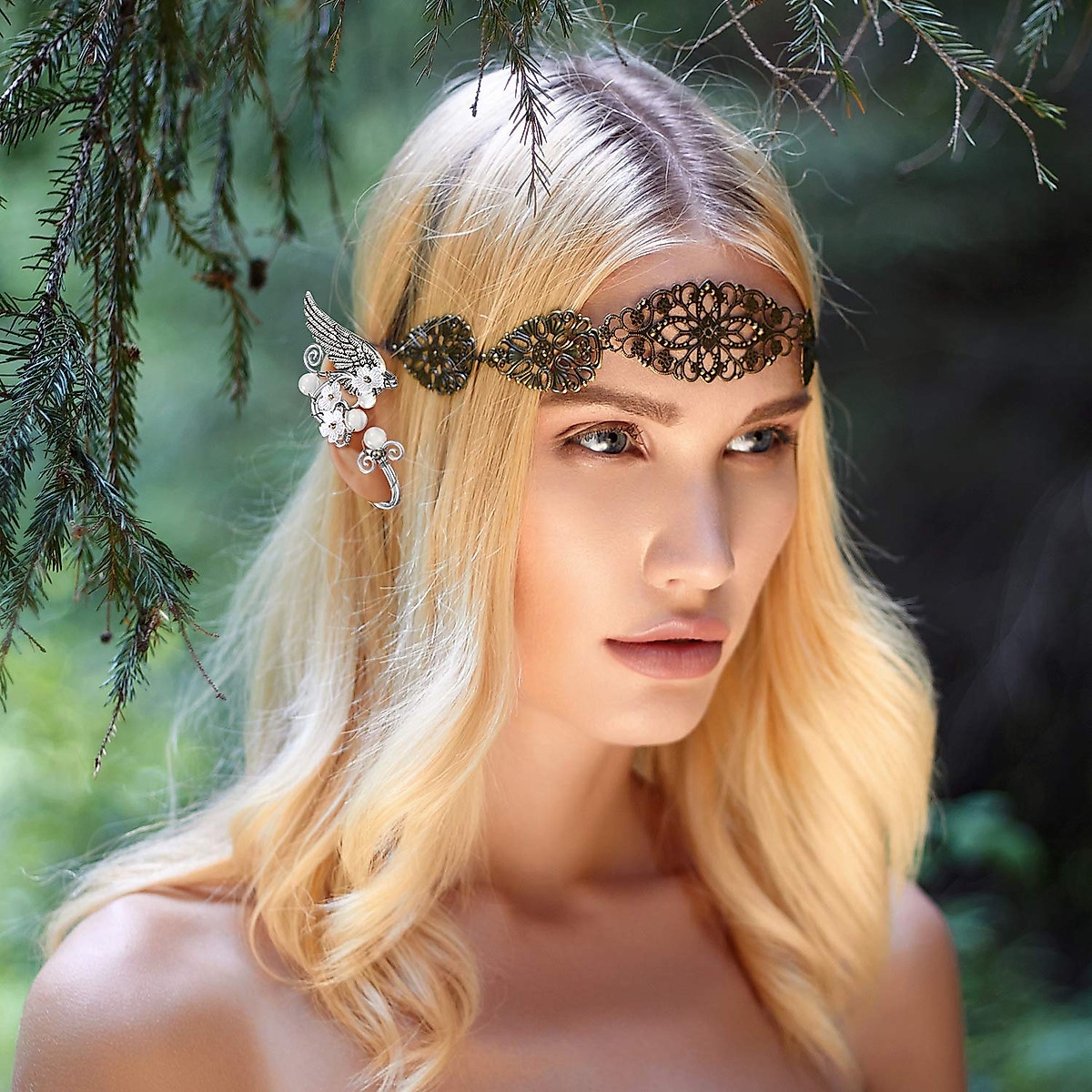 2 Pairs Chic Elf Ear Cuffs Pearl Wing Handcraft for Cosplay Elven Cuff Wrap Earrings for Elven Halloween Costume, Cosplay, Wedding