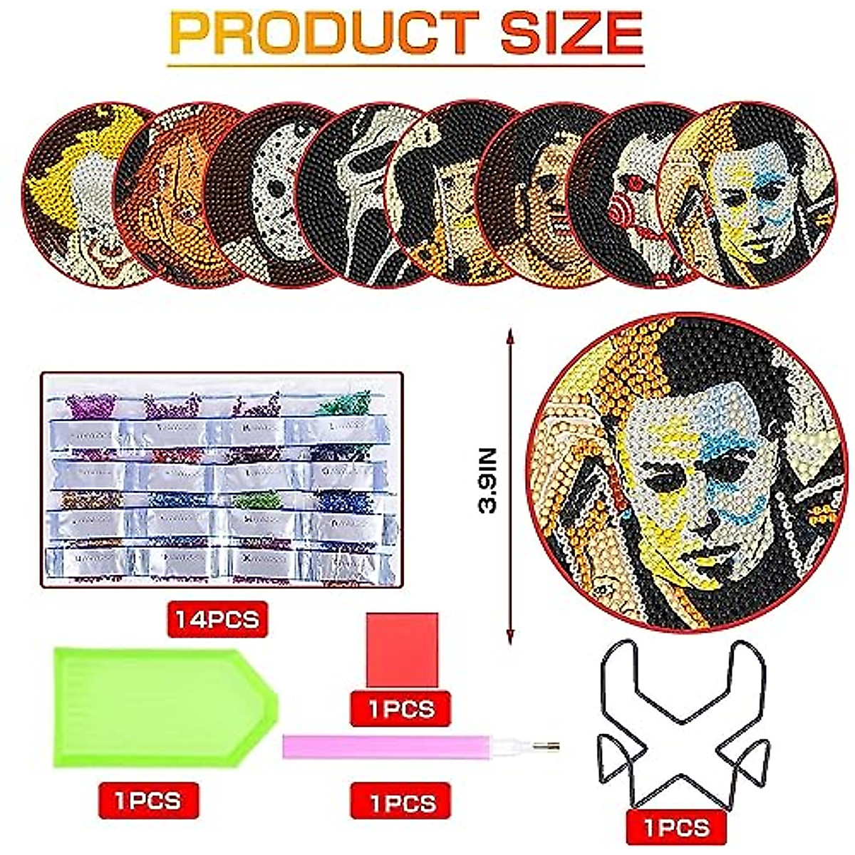 ICECHEN 8 Pcs Diamond Paintings Coasters Kits with Holder, DIY Halloween Coaster Diamond Art Kits,Full Drill Rhinestone Painting Kits for Adults & Kids,Beginners Art Craft Supplies