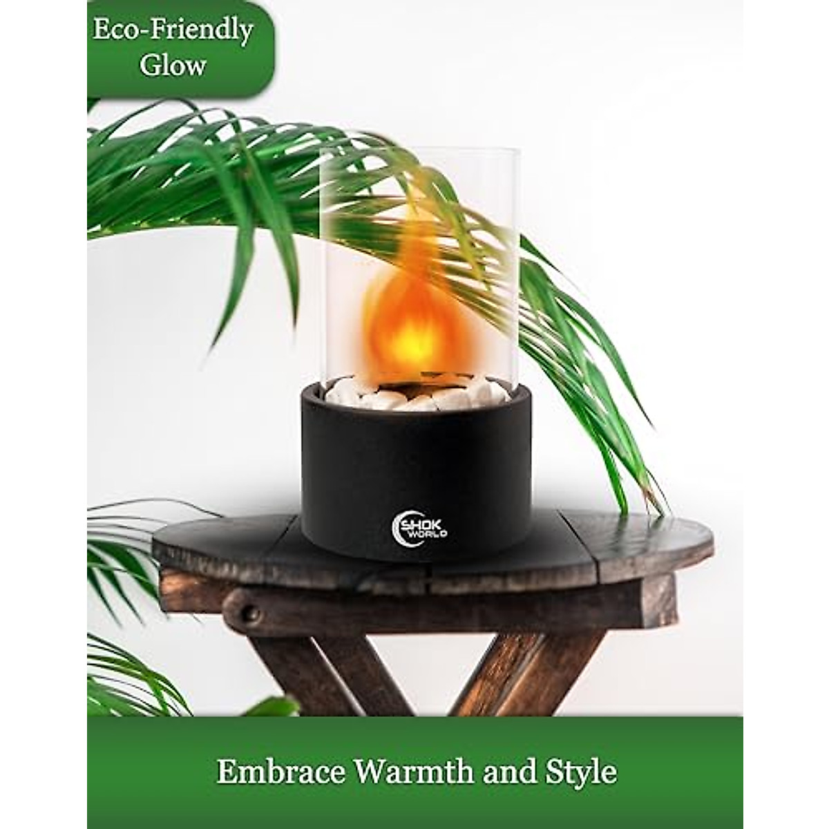 Shok World Concrete Tabletop Fireplace with Glass Stone - Portable Fire Pit Indoor & Outdoor Fireplace for Patio - Decorative Tabletop Fire Pit with Windproof Glass Cover - Bio Ethanol Ventless