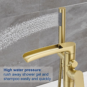 TapLong Waterfall Freestanding Bathtub Faucet Set Single Handle Floor Mount Tub Filler with Hand Shower High Flow Rate Max 6 GPM, Brushed Gold, 51019BG