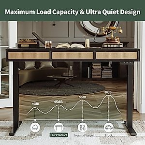 FEZIBO 55X26 Inches Boho Style Height Adjustable Electric Standing Desk with 3 Rattan Drawers, Stand up Desk with Large Storage Space, White（2 Packages）