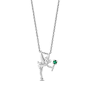 Jewelili Enchanted Disney Fine Jewelry Sterling Silver 2.5MM Round Created Emerald Tinker Bell Pendant Necklace