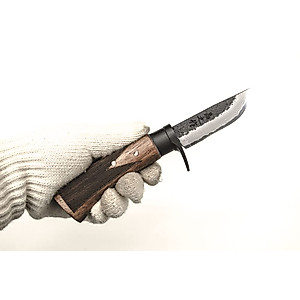 Masano Tosa Forged Damascus Mini Knife bip-811 Sword-shaped Blade Double Edge Blue 2 Damascus Steel Black Hammer Black Guard Wood Handle(Oil Stained) Wood Case(Oil stained) with band Bushcraft