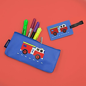Wildkin Kids Rolling Luggage Bundle with 2 Matching Bag Tags (Fire Truck)