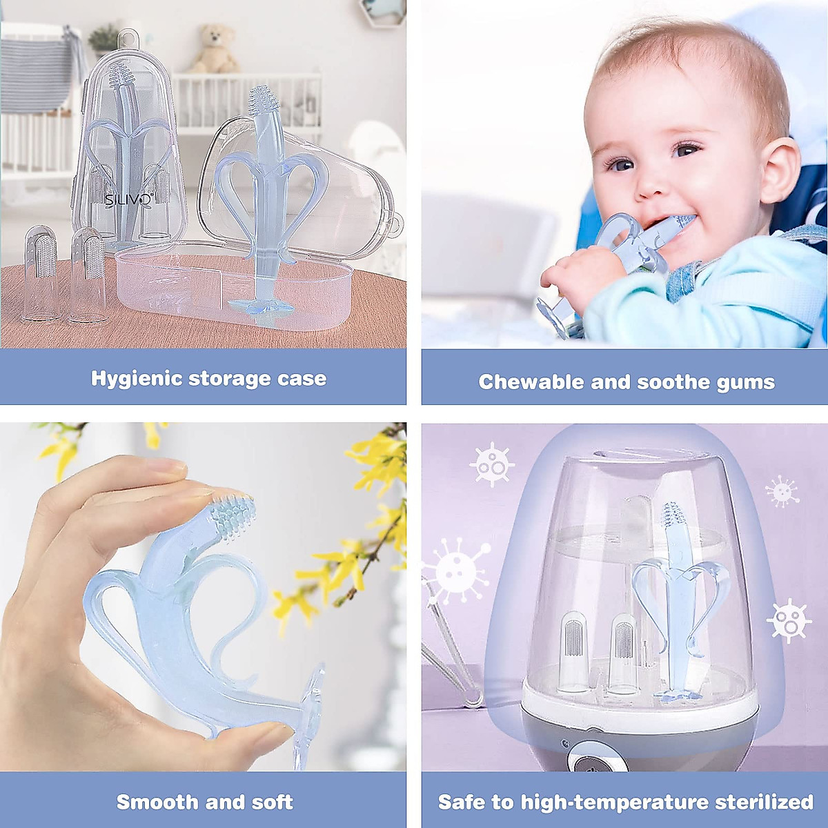 Silicone Baby Teether and Toothbrush - Set of 3 - Silicone Infant Training Finger Toothbrushes with Storage Case