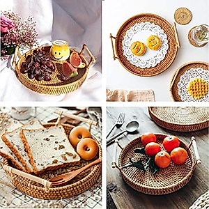 LAHERA Set of 3 Rattan Tray Decorative Serving Tray, Round Wicker Tray, Dinner Tray Table Set, Rustic Decorative Tray for Breakfast, Drinks, Snack Tray, Basket Tray, Coffee Table Tray