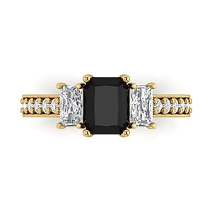 1.82 ct Emerald Cut Solitaire 3 stone Natural Black Onyx Engagement Promise Anniversary Bridal Ring 18K Yellow Gold 5.5