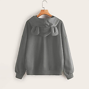 Womens Casual Hooded Sweatshirt Loose Drawstring Pullover Hoodies Long Sleeve Solid Bear Ear Sweatshirt Tops