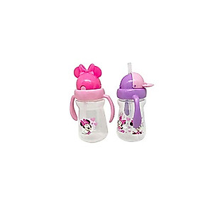 Disney Cudlie Minnie Mouse Baby Girl 2 Pack of 6 Oz Sippers Handles Pop Up Straw Character Molded Lid in Pink & Purple